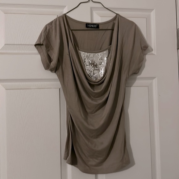 Tops | Venus Tan Colored Sequin Top Draped Neck With Sequin Cami Sewn ...